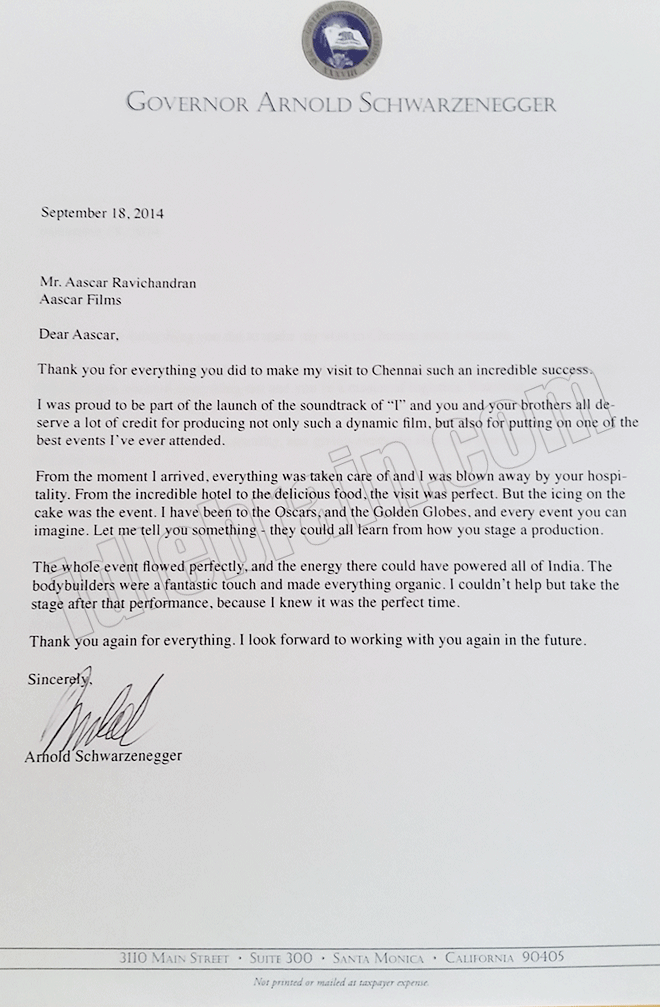 Arnold Schwarzeneggar's letter to Aascar Films V Ravichandran - Telugu ...